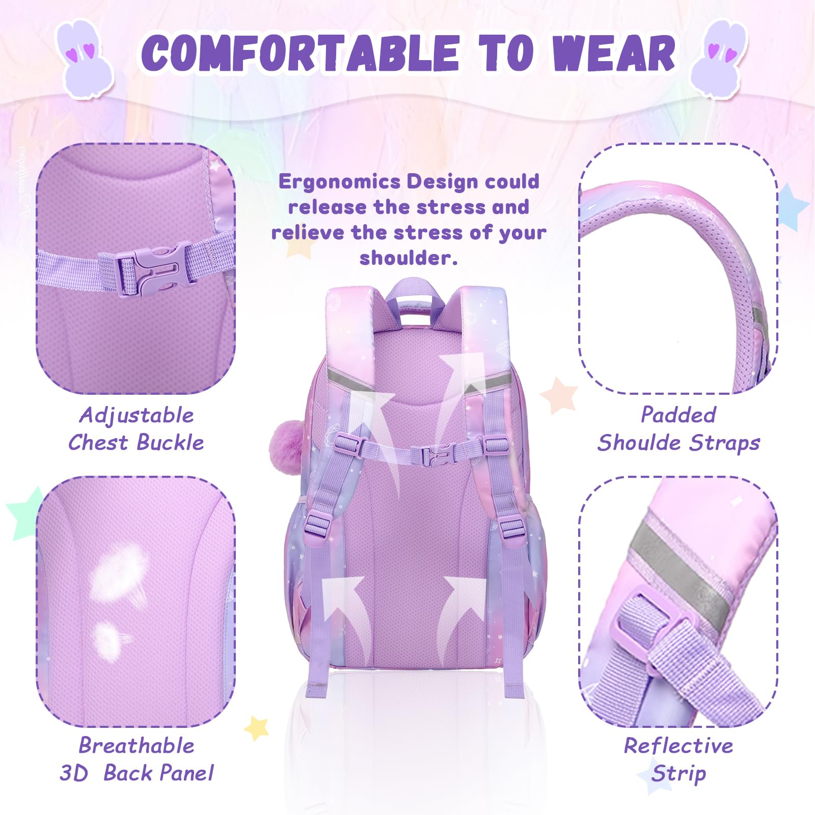 PIG PIG GIRL Kids Backpack for Girls - School Bags for Middle School Students - Book Bag for Elementary Primary School - Purple