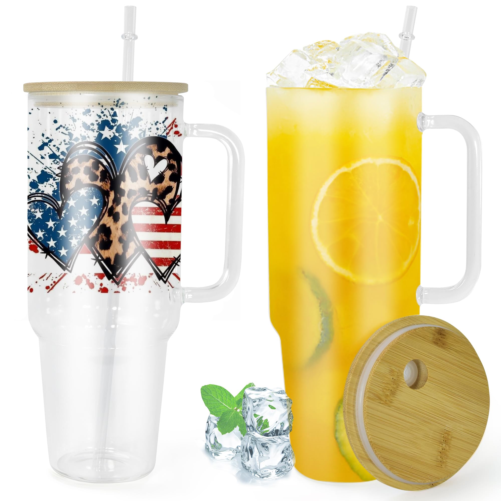 FECBK 40 oz Glass Tumbler with Handle 2 Pack Sublimation Glass Cups Blanks with Bamboo Lid and Straw Reusable Iced Coffee Cup for Boba Tea, Juice, Fits Cup Holder, BPA Free, Wide Mouth, Clear