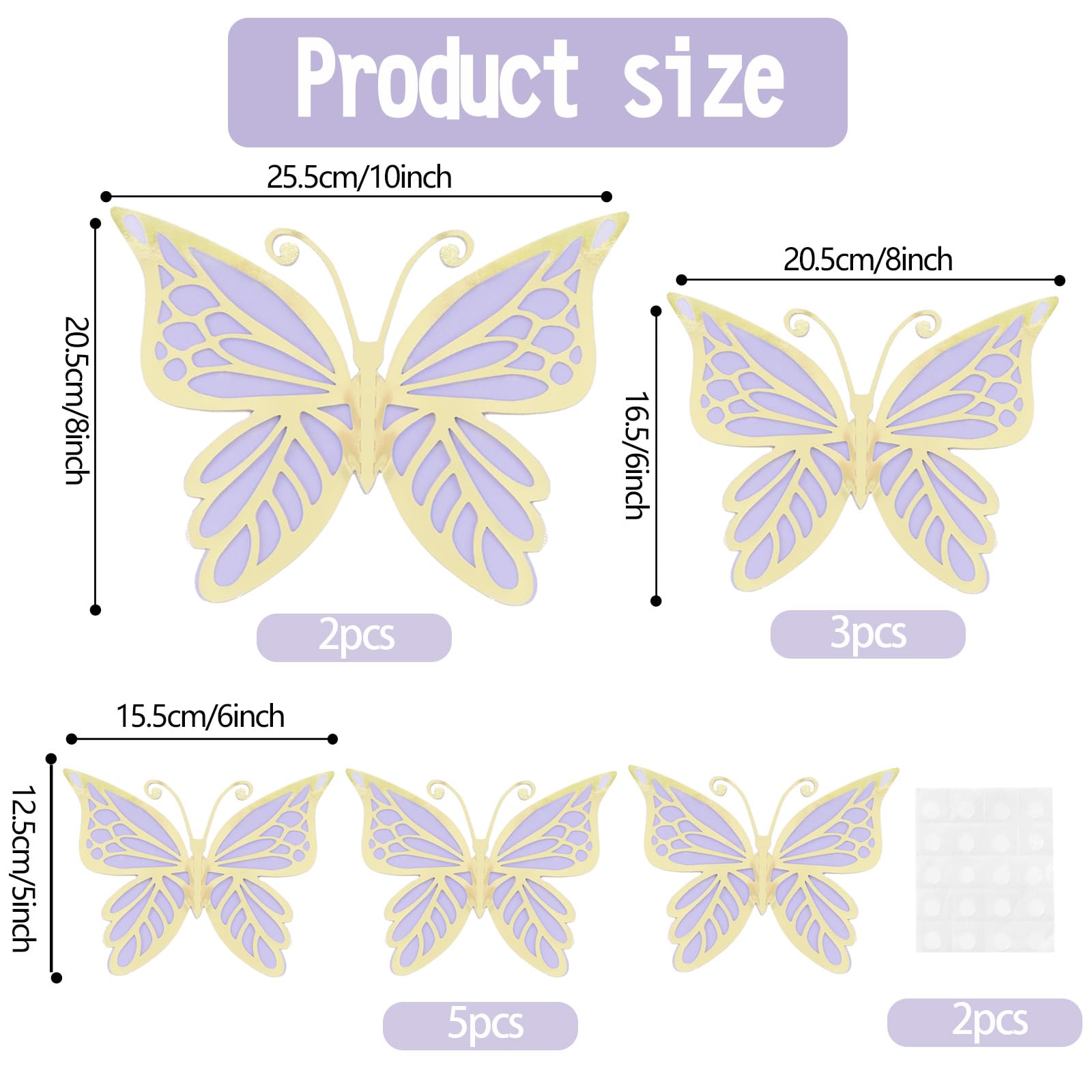 JUIIZAY 3D Large Butterfly Wall Decor Party Decorations 10pcs Purple And Gold For Birthday Baby Shower