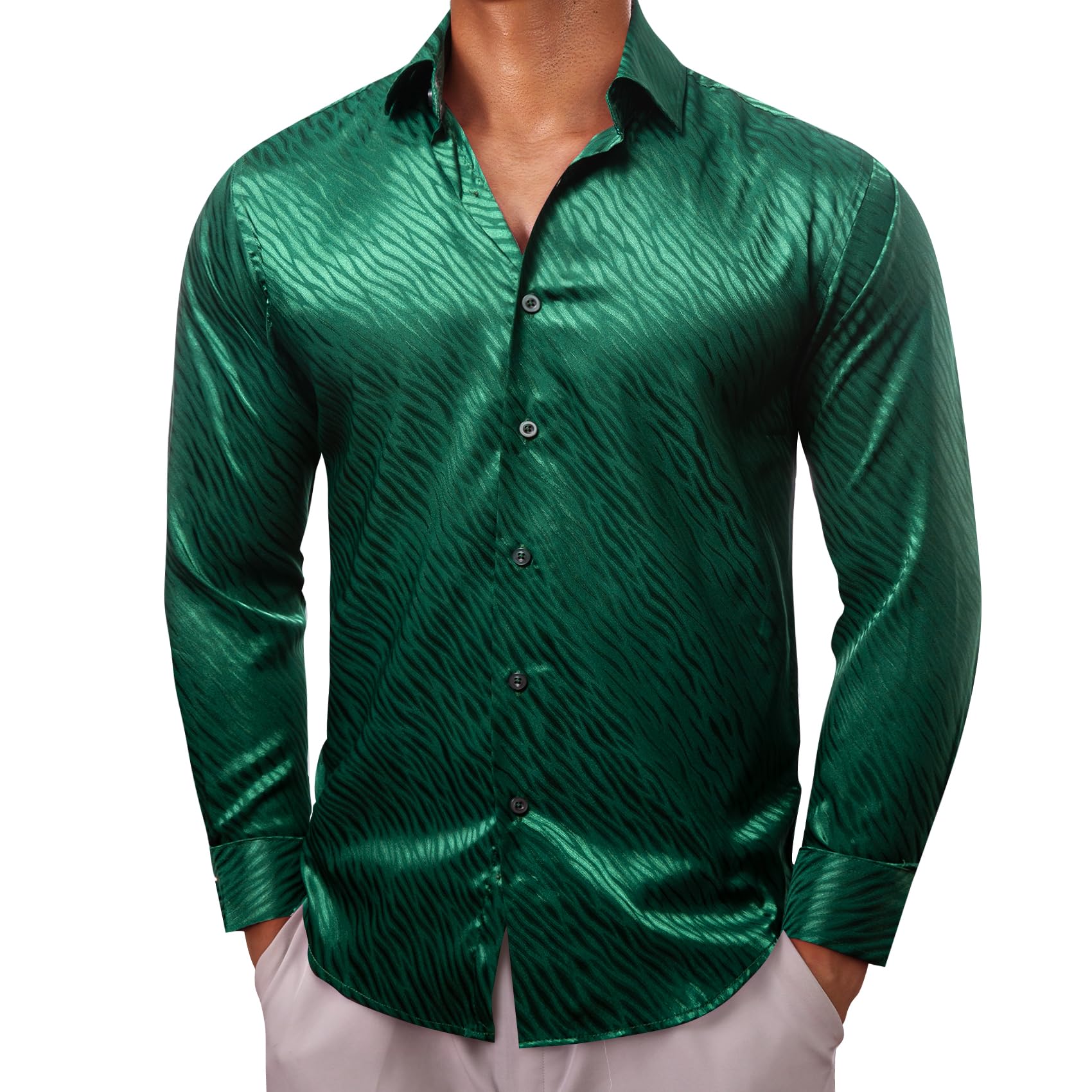 Barry.Wang Mens Dress Shirt Green Long Sleeve Shiny Satin Luxury Paisley Business Casual Button Down Party Button Down Shirts S-3XL