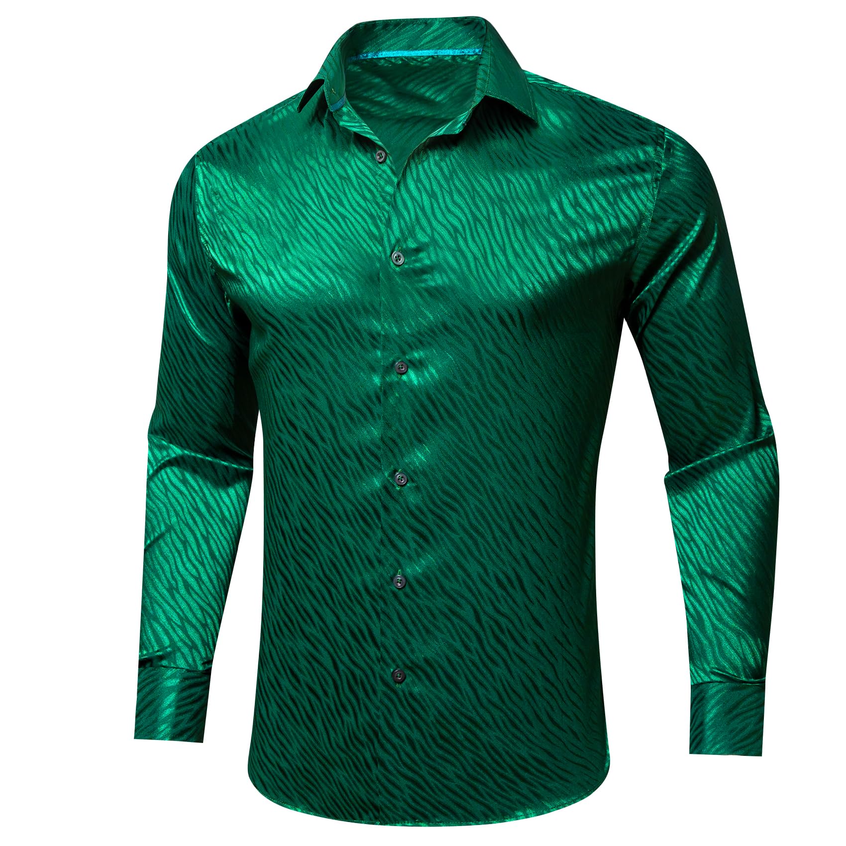 Barry.Wang Mens Dress Shirt Green Long Sleeve Shiny Satin Luxury Paisley Business Casual Button Down Party Button Down Shirts S-3XL