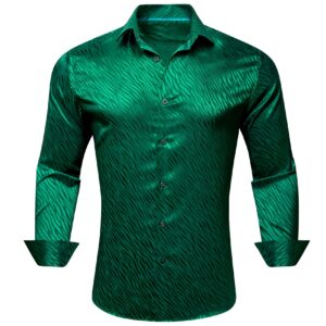 Barry.Wang Mens Dress Shirt Green Long Sleeve Shiny Satin Luxury Paisley Business Casual Button Down Party Button Down Shirts S-3XL