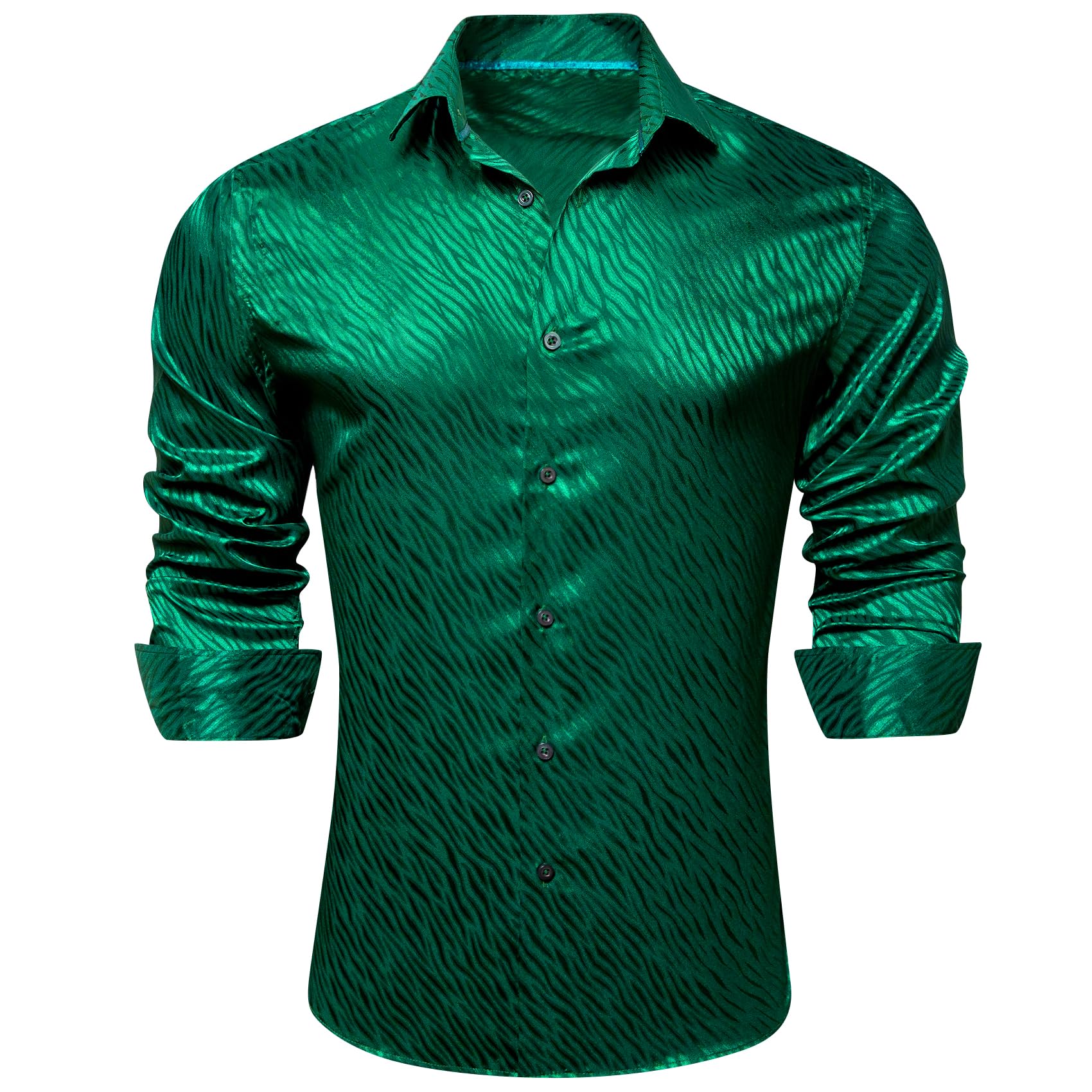 Barry.Wang Mens Dress Shirt Green Long Sleeve Shiny Satin Luxury Paisley Business Casual Button Down Party Button Down Shirts S-3XL