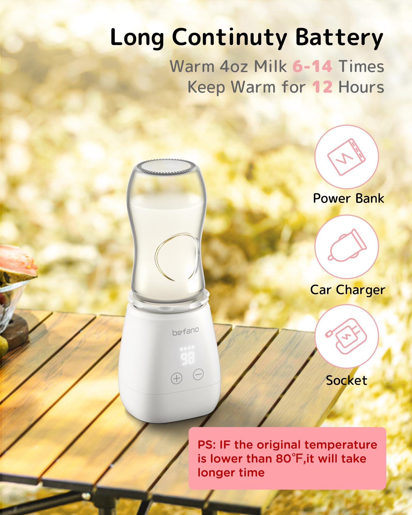 2024 Upgraded Portable Bottle Warmer, 1-Min Fast Heating Bottle Warmer with 5 Adapters and Formula Dispenser, Befano Rechargeable Travel Bottle Warmer for Breastmilk or Formula.