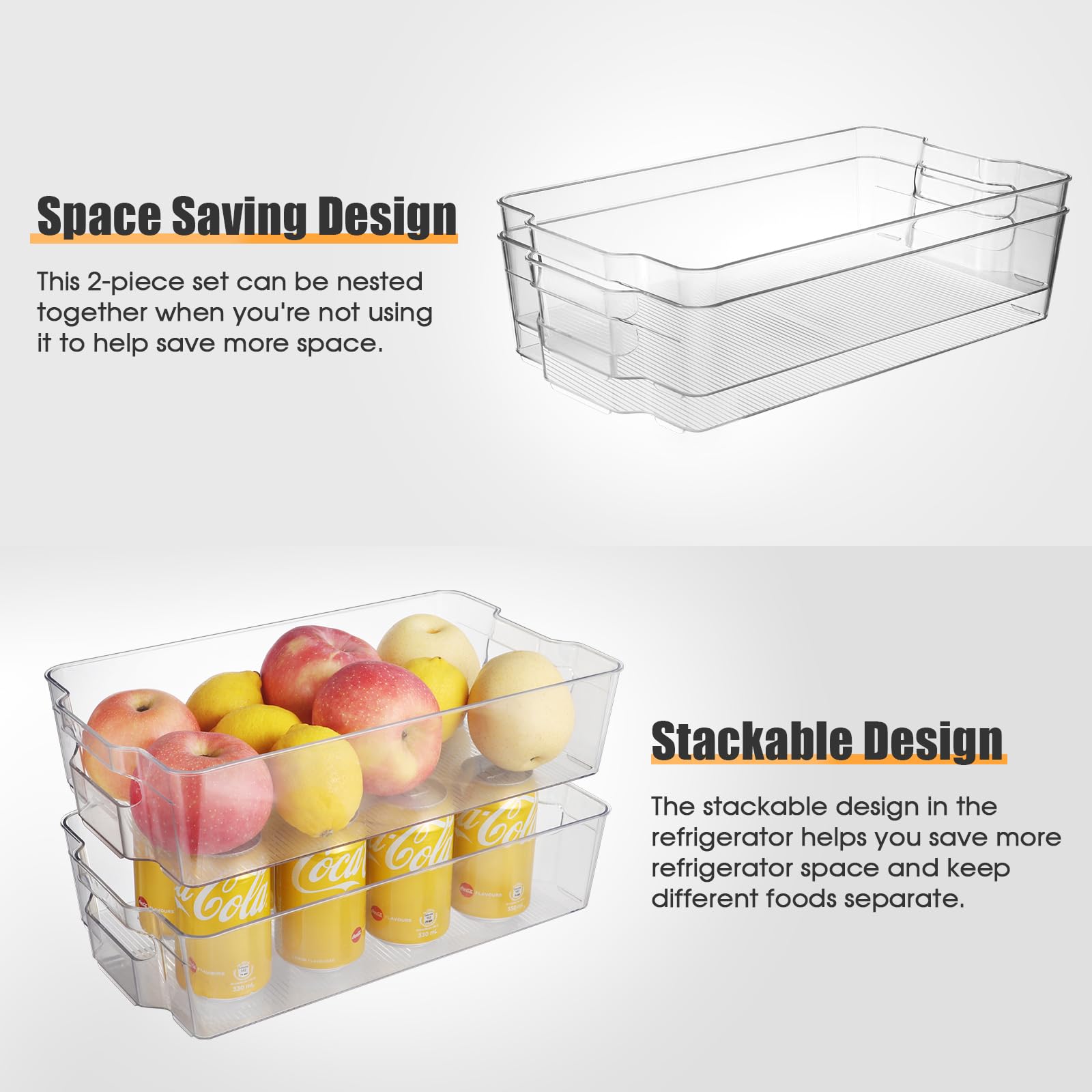 CherHome Refrigerator Organizer Bins，2PCS Plastic Storage Bins for Freezer，Cabinet&Pantry，Stackable Freezer Organizer Bins with Built-in Handle,Clear Bins for Kitchen Storage (15 X 8.5 X 3.5in)