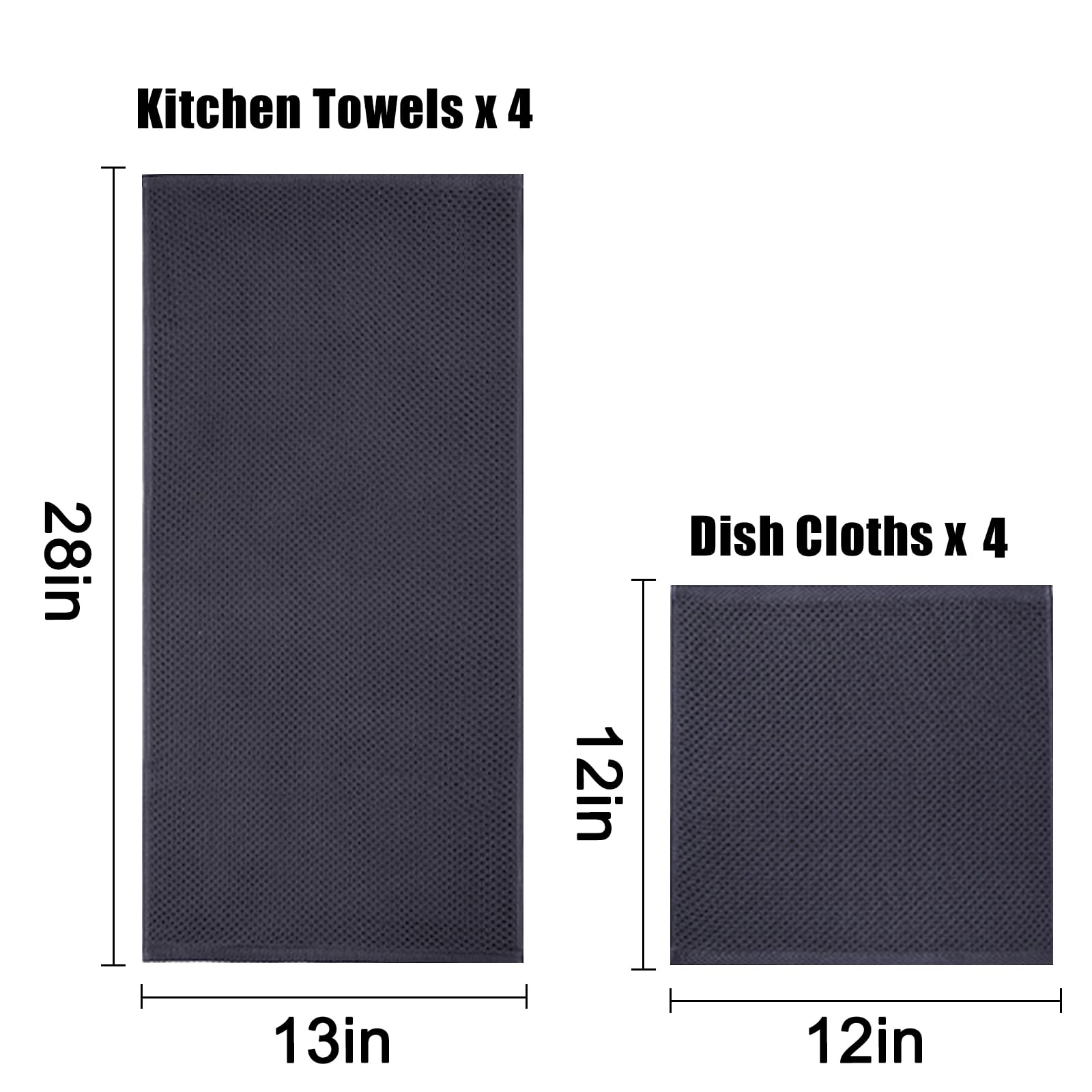 Homaxy 100% Cotton Kitchen Towels and Dishcloths Set, 12 x 12 Inches and 13 x 28 Inches, Set of 8 Bulk Kitchen Towels Set, Ultra Soft Absorbent Dish Towels for Washing Dishes, Dark Grey