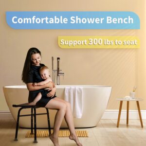 Adjustable Heights Shower Chair, Waterproof Bathroom Bath Bench Seat, Shower Bench with Suction Feet, Shower Stool for Elderly Disabled with Handles and Rust Resistant Legs, 300 LB Weight Cap, Black