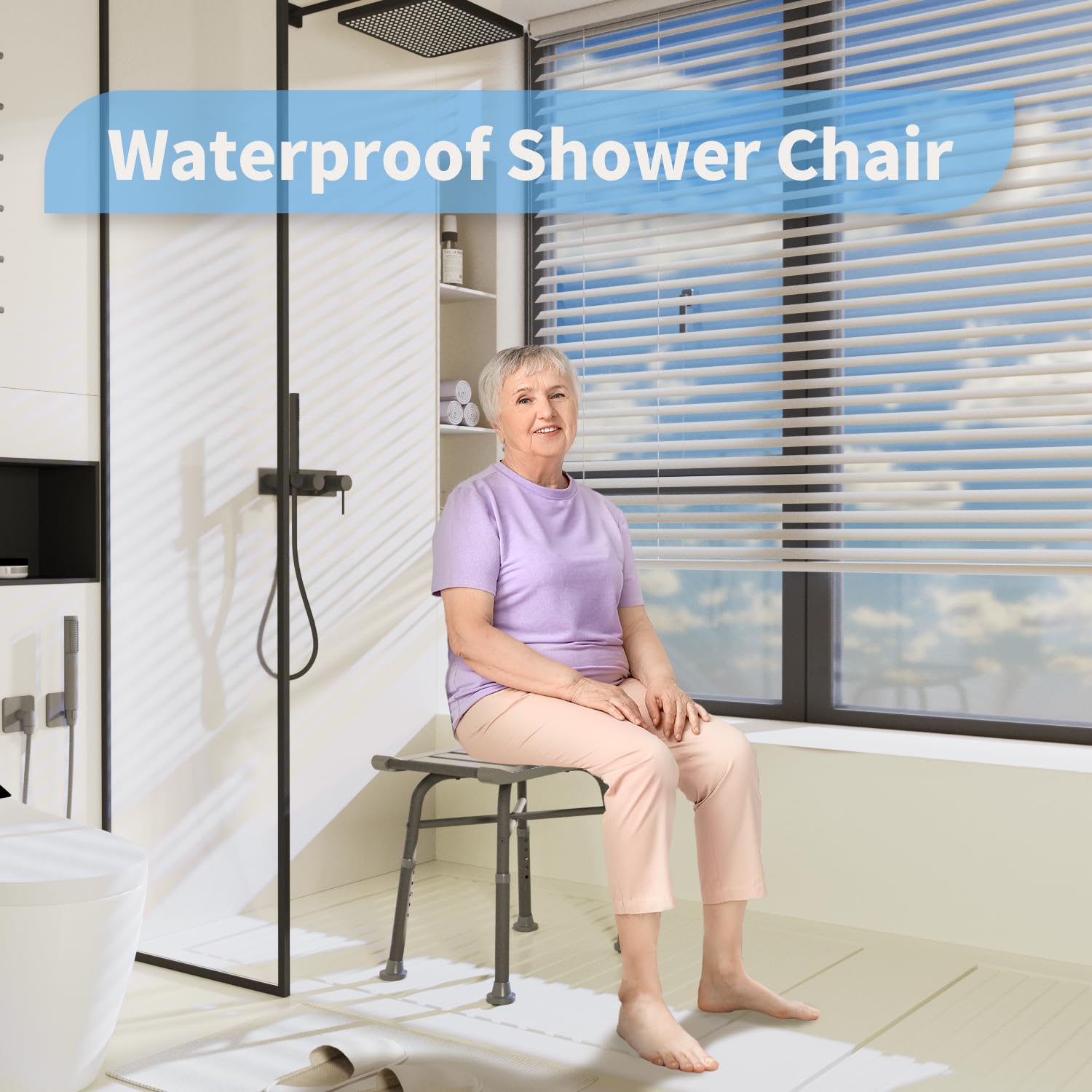 Adjustable Heights Shower Chair, Waterproof Bathroom Bath Bench Seat, Shower Bench with Suction Feet, Shower Stool for Elderly Disabled with Handles and Rust Resistant Legs, 300 LB Weight Cap, Black