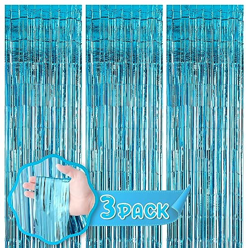 3 Pack Foil Fringe Backdrop Curtains - Light Blue Tinsel Streamers for Birthday Graduation Class Disco Bachelorette New Year Party Decorations