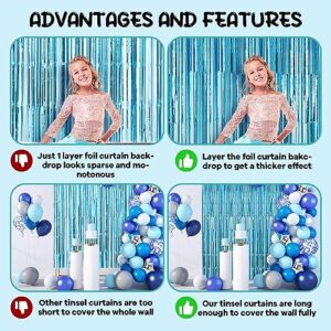 3 Pack Foil Fringe Backdrop Curtains - Light Blue Tinsel Streamers for Birthday Graduation Class Disco Bachelorette New Year Party Decorations