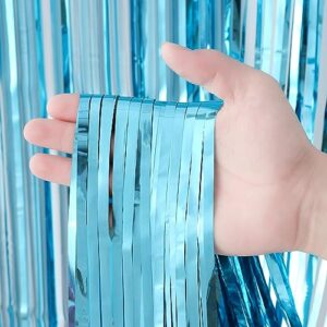 3 Pack Foil Fringe Backdrop Curtains - Light Blue Tinsel Streamers for Birthday Graduation Class Disco Bachelorette New Year Party Decorations