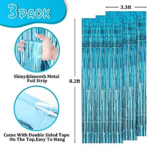 3 Pack Foil Fringe Backdrop Curtains - Light Blue Tinsel Streamers for Birthday Graduation Class Disco Bachelorette New Year Party Decorations