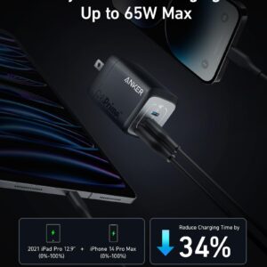 Anker Prime 67W USB C Charger, Anker GaN 3-Port Compact Fast PPS Wall Charger, For MacBook Pro/Air, Pixelbook, iPad Pro, iPhone 15/14/Pro, Galaxy S23/S22, Note20, Pixel, Apple Watch