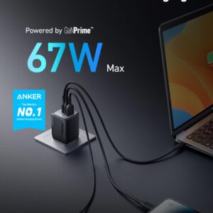 Anker Prime 67W USB C Charger, Anker GaN 3-Port Compact Fast PPS Wall Charger, For MacBook Pro/Air, Pixelbook, iPad Pro, iPhone 15/14/Pro, Galaxy S23/S22, Note20, Pixel, Apple Watch