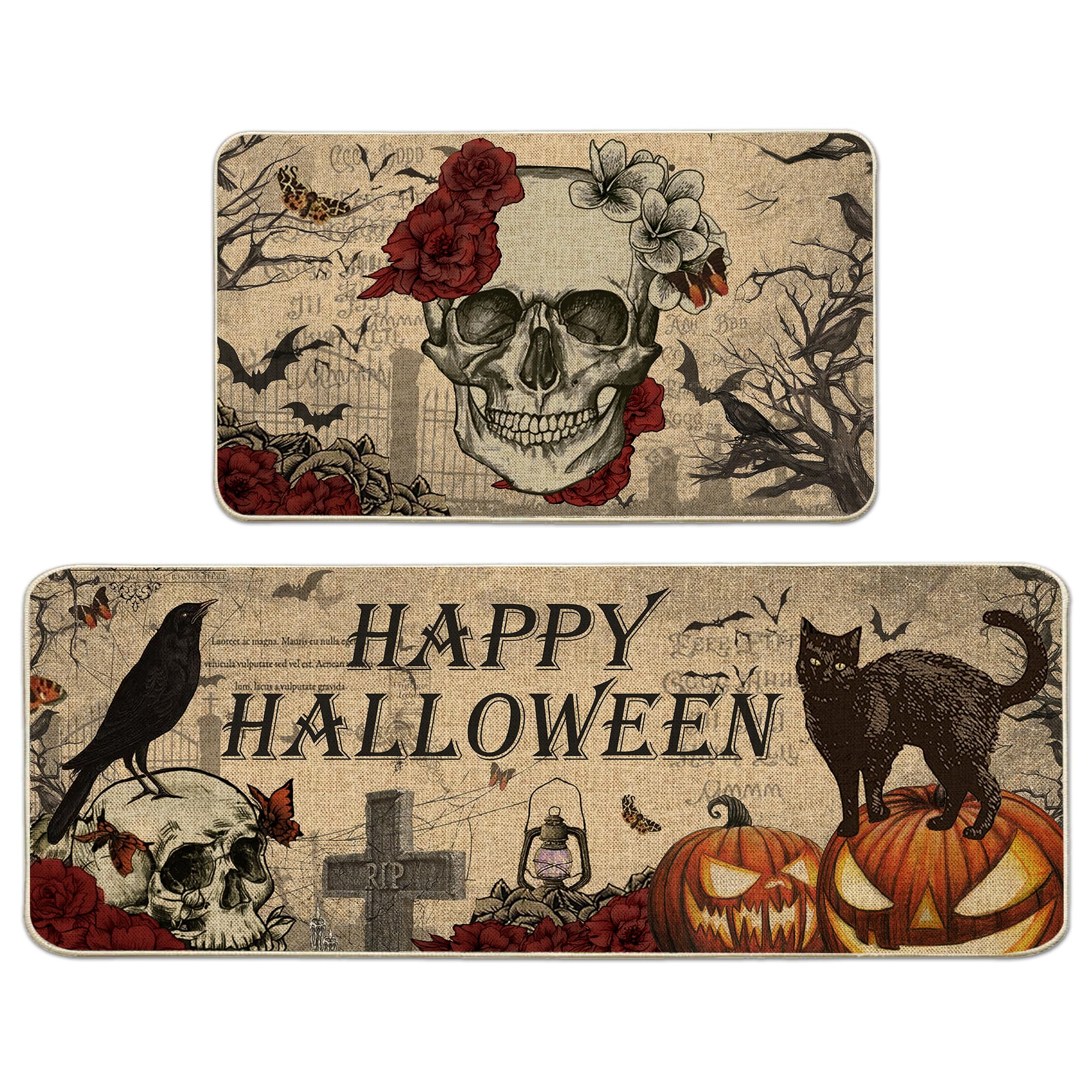 Hexagram Halloween Kitchen Mat, Halloween Kitchen Decor, Halloween Decorations Indoor for Home, Kitchen Rugs and Mats Non Skid Washable Set of 2, Skull Cat Kitchen Mats for Floor(17"x29"&17"x47")