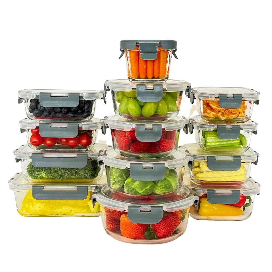 KOBWER 26 Pieces Glass Food Storage Containers with Lids BPA Free Glass Meal Prep Airtight Glass Container Set Microwave Oven Dishwasher Oven Safe Durable Leak Resistant Stackable