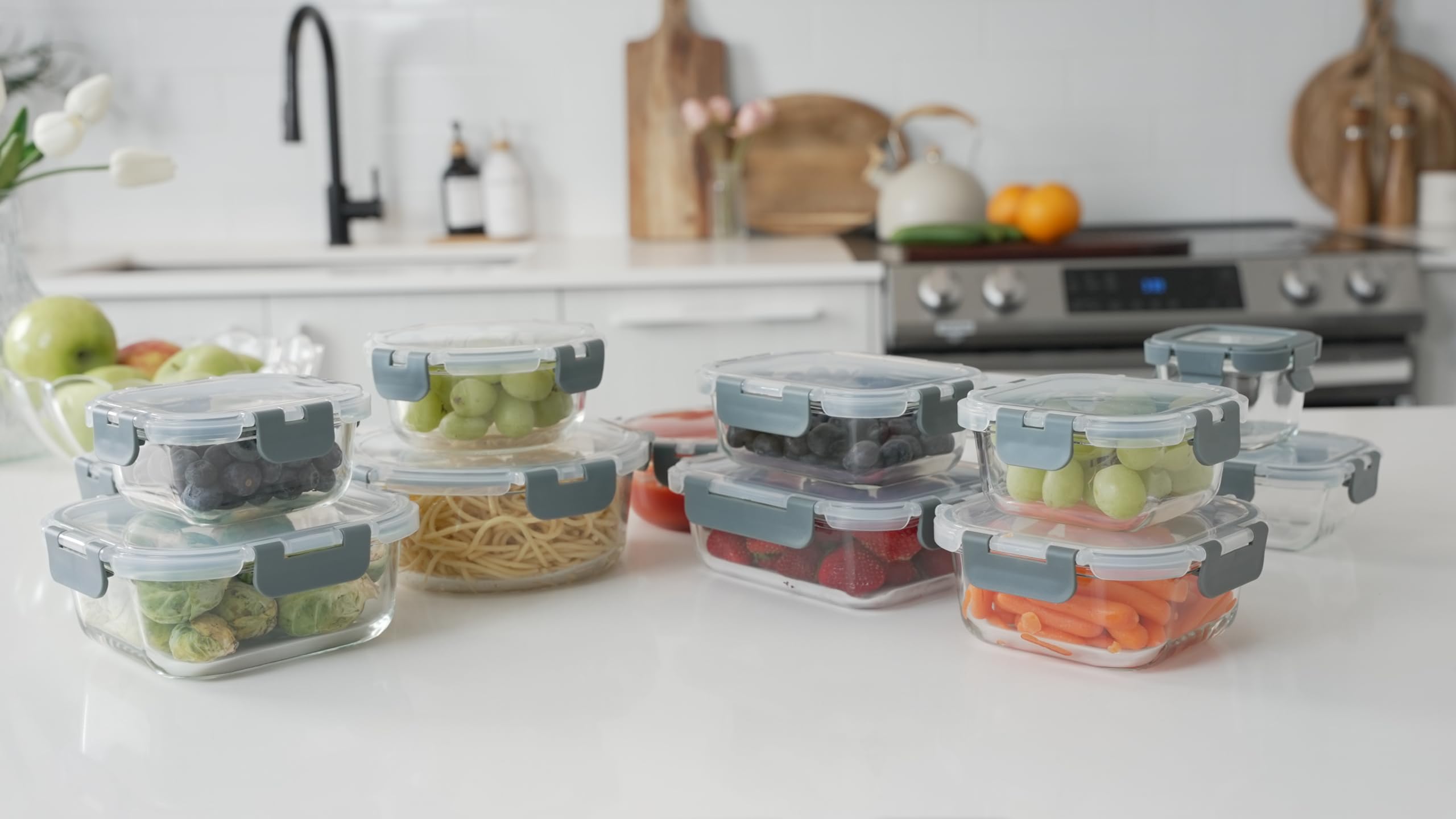 KOBWER 26 Pieces Glass Food Storage Containers with Lids BPA Free Glass Meal Prep Airtight Glass Container Set Microwave Oven Dishwasher Oven Safe Durable Leak Resistant Stackable