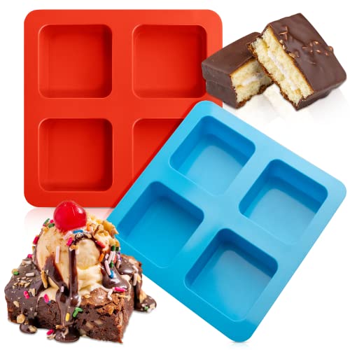 Silicone Brownie Pan - 2 Pcs 4-Cavity Non-stick Square Baking Molds, Perfect for Chocolate Covered, Cornbread, S'mores, Muffin and Cakes, Air Fryer Accessories