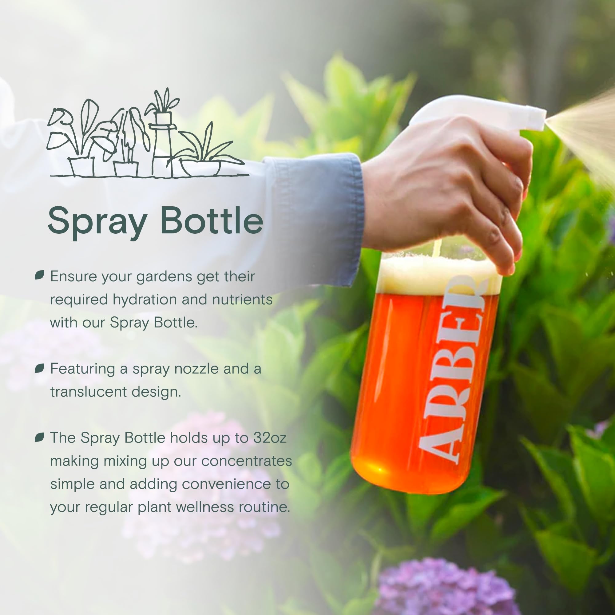 ARBER Spray Bottle | Translucent Design with Spray Nozzle for Easy Plant Hydration | 32 oz