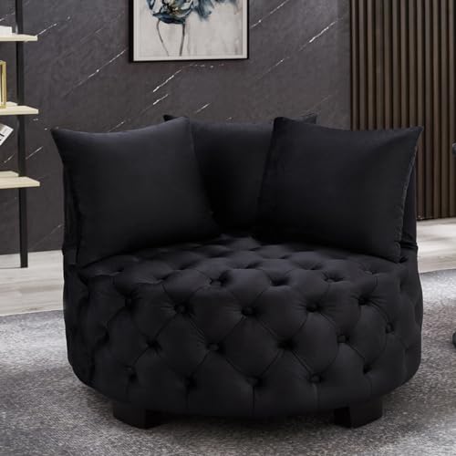 24KF Contemporary Upholstered Tufted Leisure Chair Accent Chair, Sofa Lounge Club Round Chair for Living Room Hotel with 3 Pillows -Black