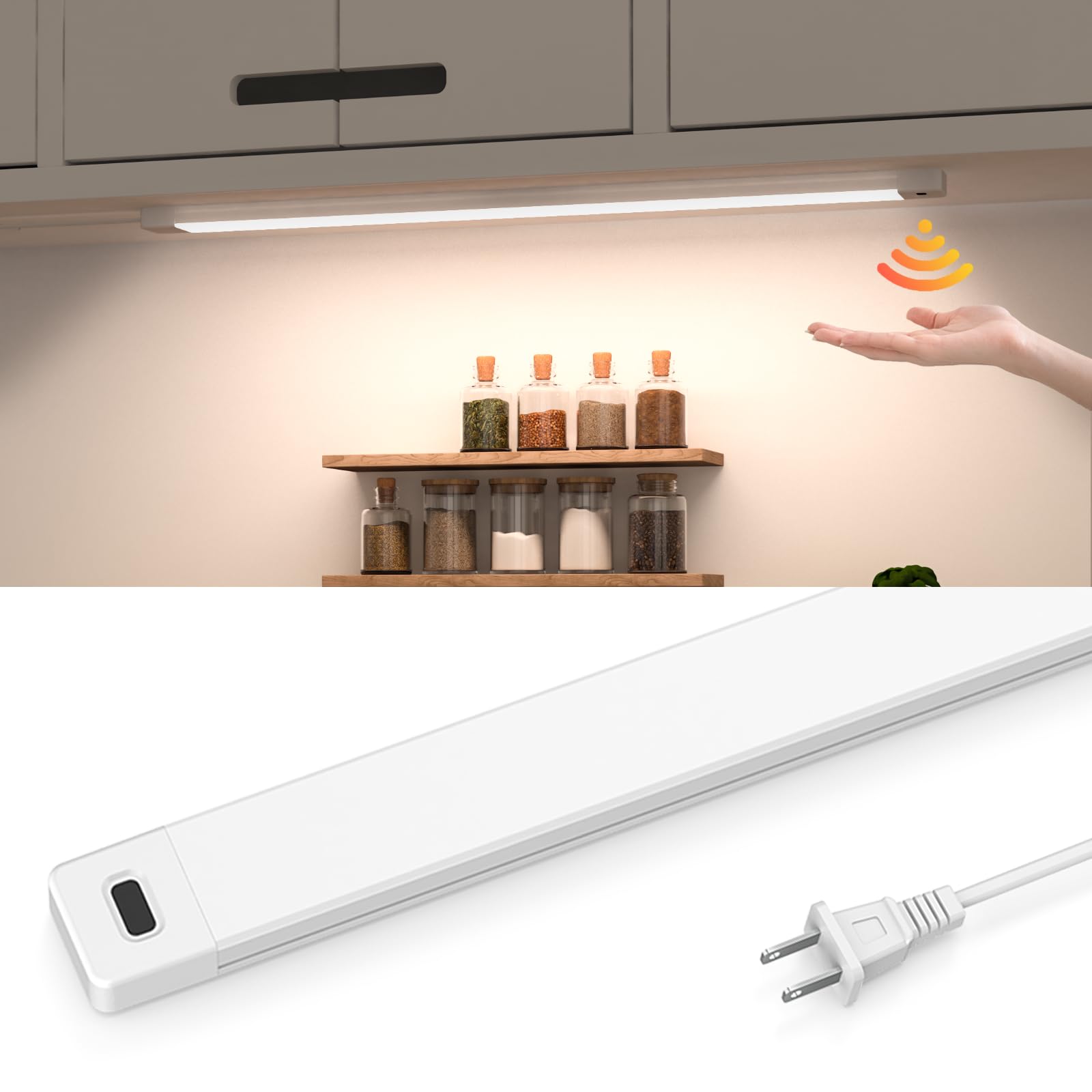 MYPLUS 16 Inch Under Cabinet Lights with Hand Wave, Under Counter Lighting 4000K Natural White,Dimmable,Plug and Play,LED Lights for Kitchen Cabinet, Cupboard, Closet, Desk