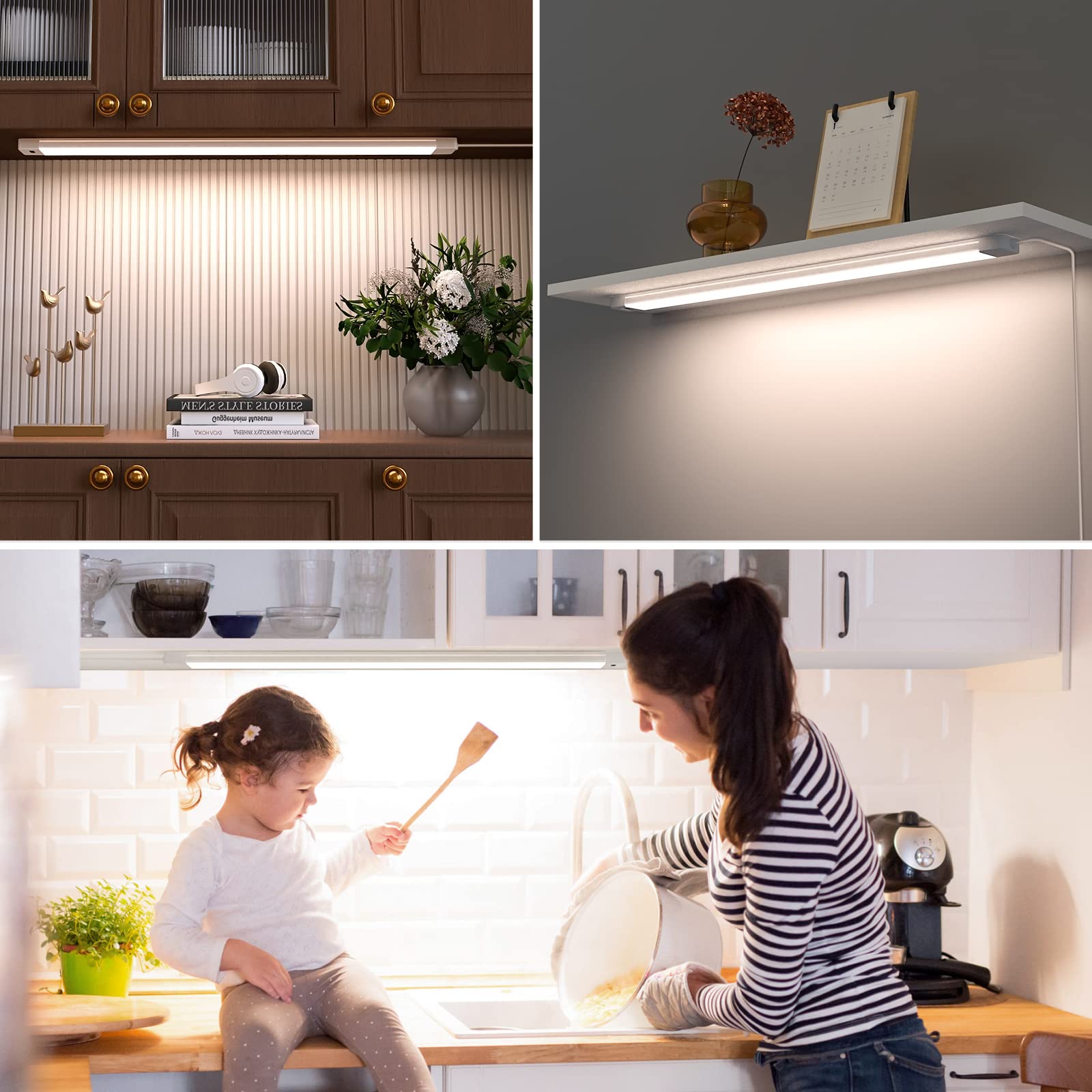 MYPLUS 16 Inch Under Cabinet Lights with Hand Wave, Under Counter Lighting 4000K Natural White,Dimmable,Plug and Play,LED Lights for Kitchen Cabinet, Cupboard, Closet, Desk