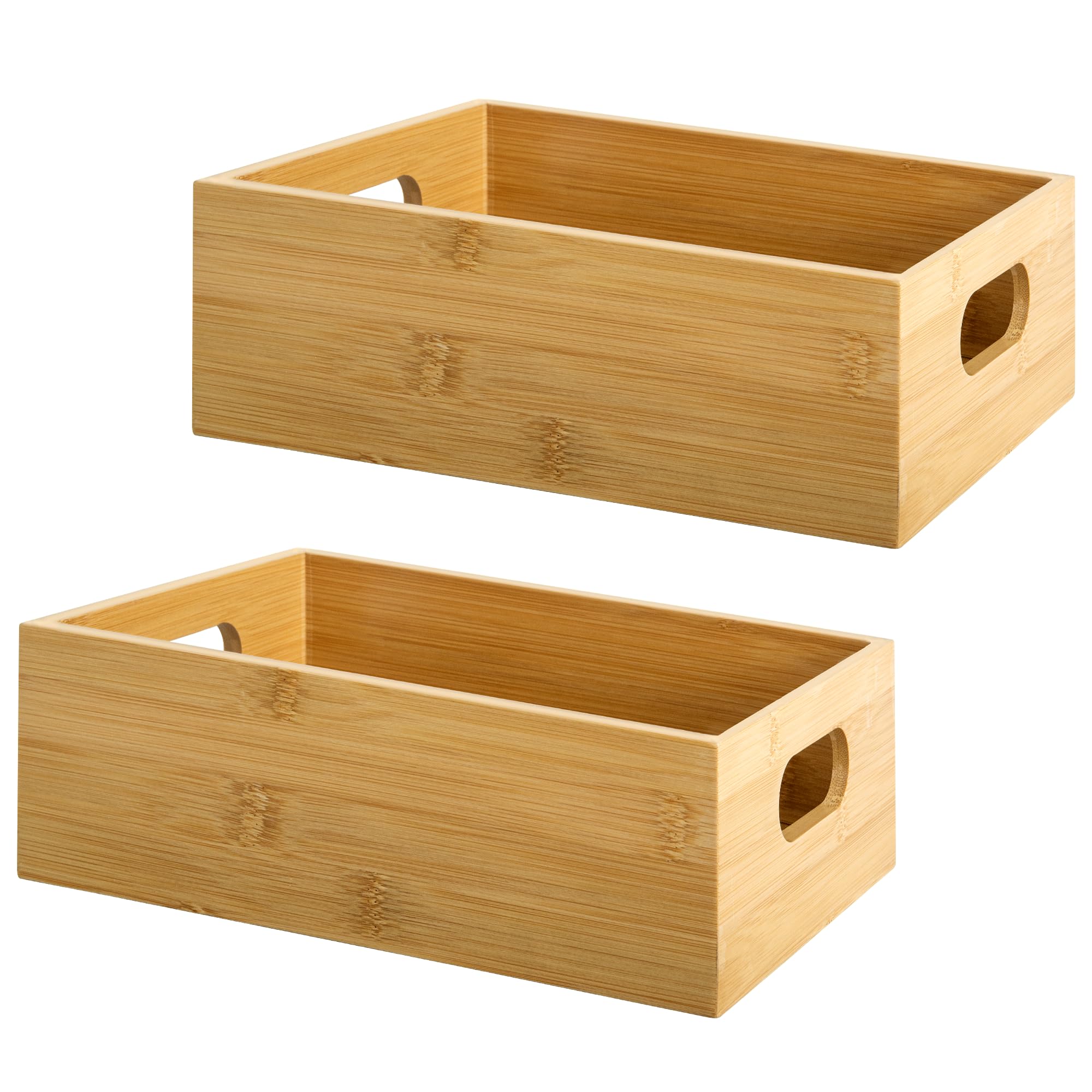 StorageWorks Bamboo Organizers for Shelf, Handcrafted Bamboo Storage Containers for Snacks, Spices, or Drinks, Wooden Crates with Built-in Handles, 2 Pack