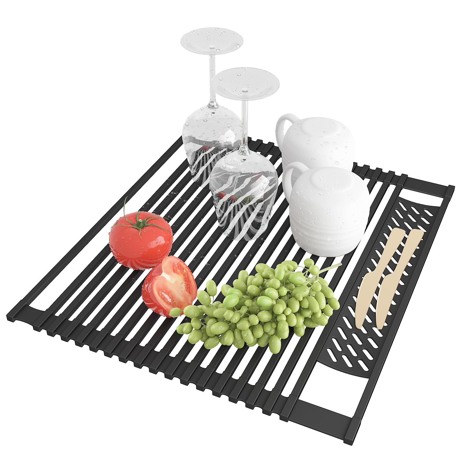 Arausk 15.7" x 14.5" Roll up Dish Drying Rack Portable Dish Rack Multipurpose Dish Drainer Foldable Stainless Steel Over Sink Kitchen Drainer Rack for Cups Vegetables (L)