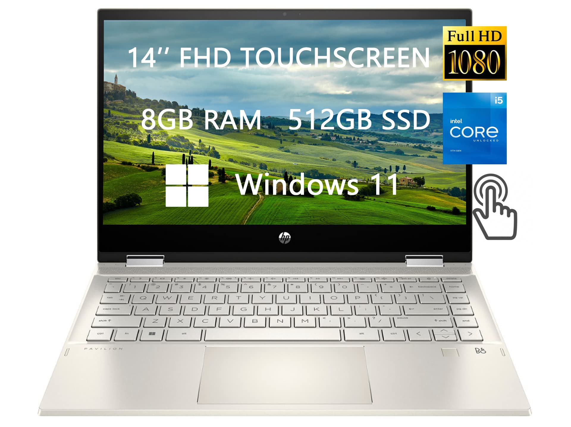 HP Pavilion 14 FHD Spin 2-in-1 Convertible Touchscreen Laptop, 2023 Newest Upgrade, Intel Core i5-1135G7, 8GB RAM, 512GB SSD, HDMI, FP Reader, Wins 11, School & Business Ready, ROKC HDMI Cable, Gold