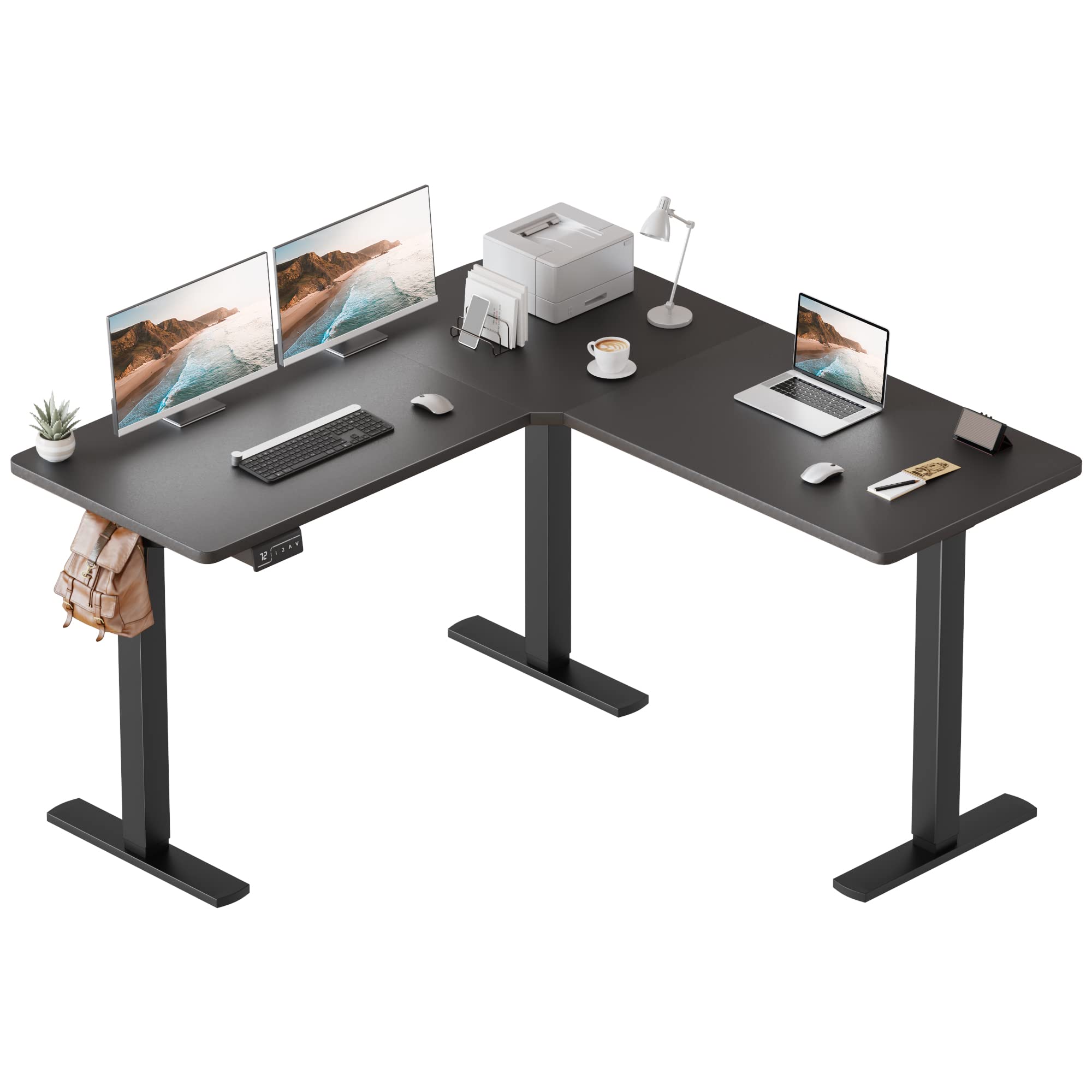 Furmax L Shaped Standing Desk, Electric Height Adjustable Sit Stand Desk with Wooden Desktop, Home Office Desk with Memory Preset Function and Hook (Black)