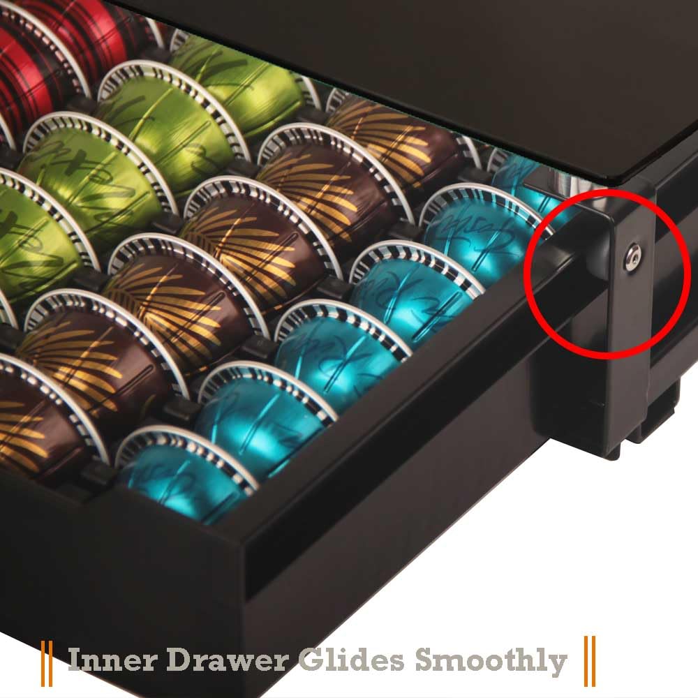 BLACKSMITH FAMILY Black Tempered Glass Vertuo Pods Drawer Holder with Smooth Gliding System, Compatible for 40 to 50 Nespresso Big Vertuo Pods or 75 Small Vertuo Pods, Black (Black Tempered Glass Top)