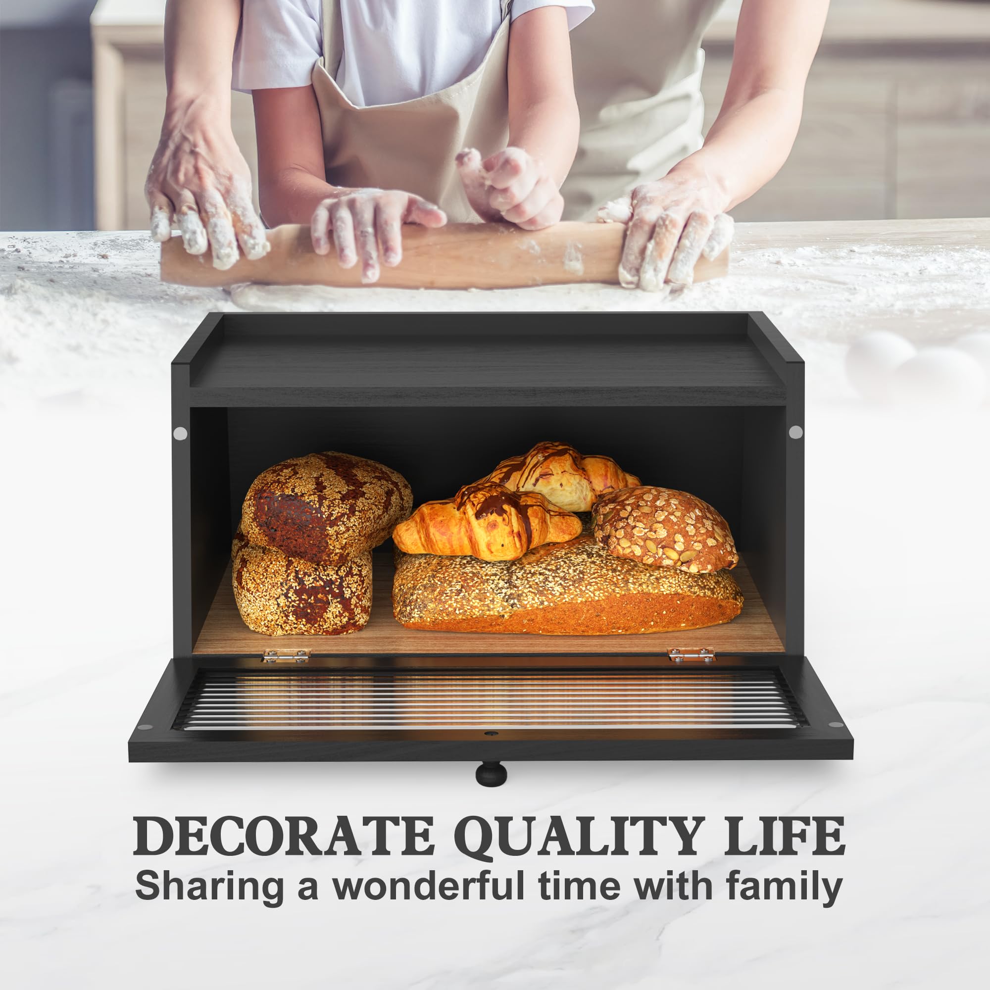 LOHASOK Bread Box for Kitchen Countertop Large Bread Box Farmhouse Bread Container Bread Storage with Window Bread Holder Black