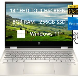 HP Pavilion 14 FHD Spin 2-in-1 Convertible Touchscreen Laptop, 2023 Newest Upgrade, Intel Core i5-1135G7, 8GB RAM, 256GB SSD, HDMI, FP Reader, Wins 11, School & Business Ready, ROKC HDMI Cable, Gold