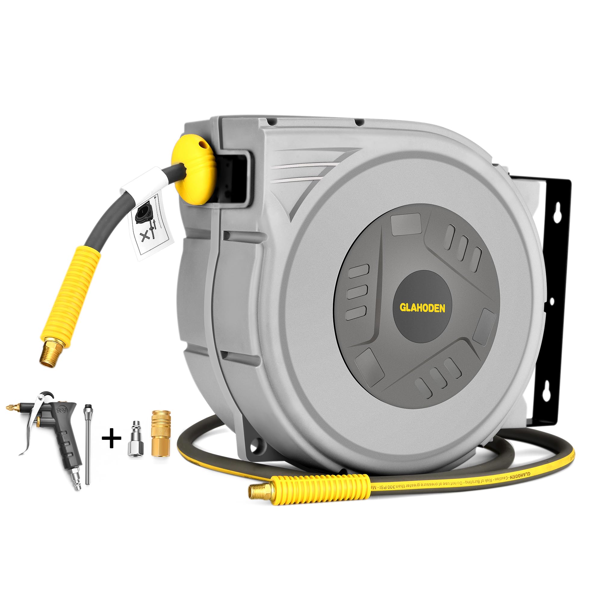 GLAHODEN Enclosed Retractable Air Hose Reel, 3/8 in x 65 Ft Hybrid Hose Air Compressor Hose Reel with 6 Ft Lead in Max 300 PSI Patented Design for Any Length Lock 180°Swivel Bracket Quick Coupler