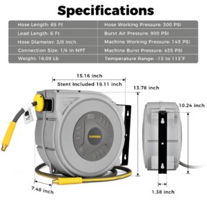 GLAHODEN Enclosed Retractable Air Hose Reel, 3/8 in x 65 Ft Hybrid Hose Air Compressor Hose Reel with 6 Ft Lead in Max 300 PSI Patented Design for Any Length Lock 180°Swivel Bracket Quick Coupler