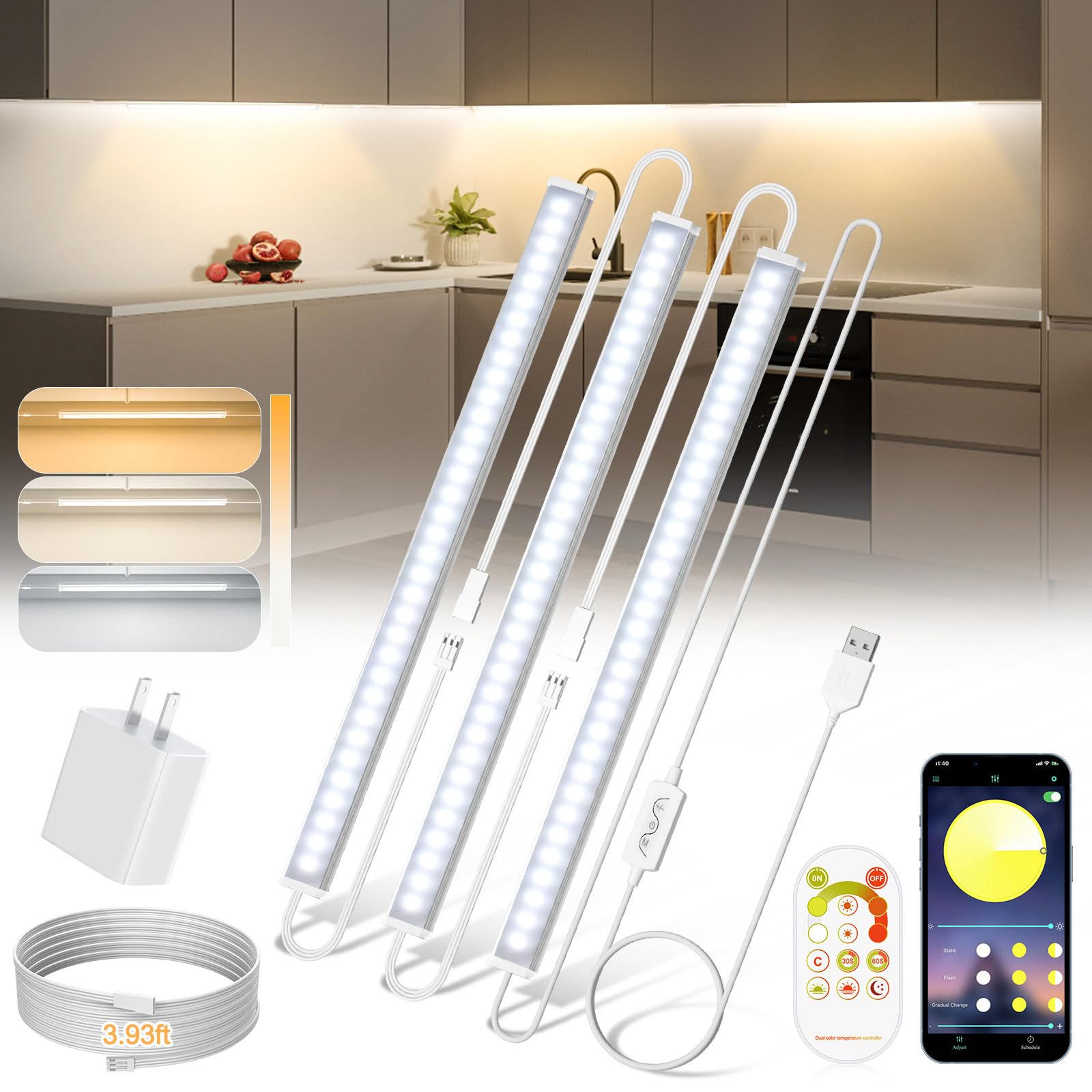 Lacoco Under Cabinet Lights Plug in, 12 Inch Dimmable Bright Cabinet Lighting 3 Colors Temp Linkable Led Strip Bar with APP Remote Control, Under Counter Lights for Kitchen Closet Workbench