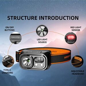 SuperFire Headlamp Rechargeable ，Lightweight Head Lamp with 9 Modes,IP44 Water Resistant,headlamp Flashlight for Running Fishing Hiking Camping, Outdoor,Rechargeable headlamps for Adults