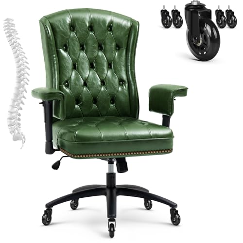 YAMASORO Ergonomic Executive Office Chair with Height-Adjustable,Tufted Back&Nailhead Trim, Home Office Desk Chairs for Home&Office, Faux Leather Swivel Work Chair,Green…