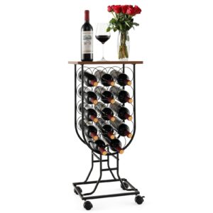 giantex 14-bottle wine rack freestanding floor - 30" standing wine rack with detachable and lockable wheels, vertical wine holder stand, metal wine storage racks with wooden top for living room, black