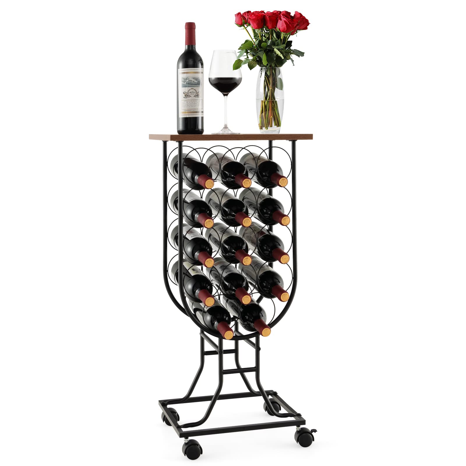 Giantex 14-Bottle Wine Rack Freestanding Floor - 30" Standing Wine Rack with Detachable and Lockable Wheels, Vertical Wine Holder Stand, Metal Wine Storage Racks with Wooden Top for Living Room, Black