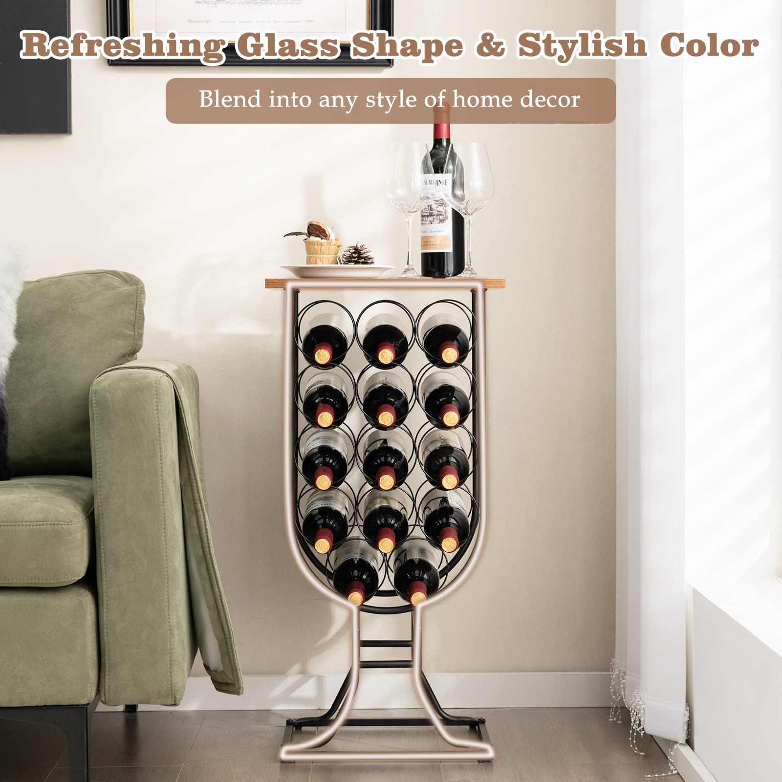 Giantex 14-Bottle Wine Rack Freestanding Floor - 30" Standing Wine Rack with Detachable and Lockable Wheels, Vertical Wine Holder Stand, Metal Wine Storage Racks with Wooden Top for Living Room, Black