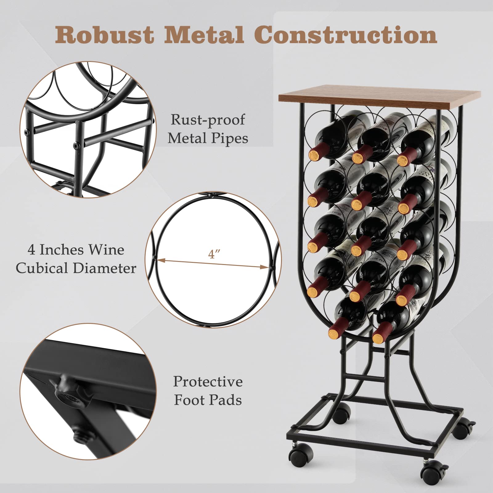 Giantex 14-Bottle Wine Rack Freestanding Floor - 30" Standing Wine Rack with Detachable and Lockable Wheels, Vertical Wine Holder Stand, Metal Wine Storage Racks with Wooden Top for Living Room, Black