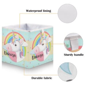 ALAZA Unicorn Head and Rainbow Fabric Cube Storage Bin,Collapsible Fabric Bins Organizer Foldable Basket for Closet Cabinet Shelf Office,11.02x11.02x11.02in