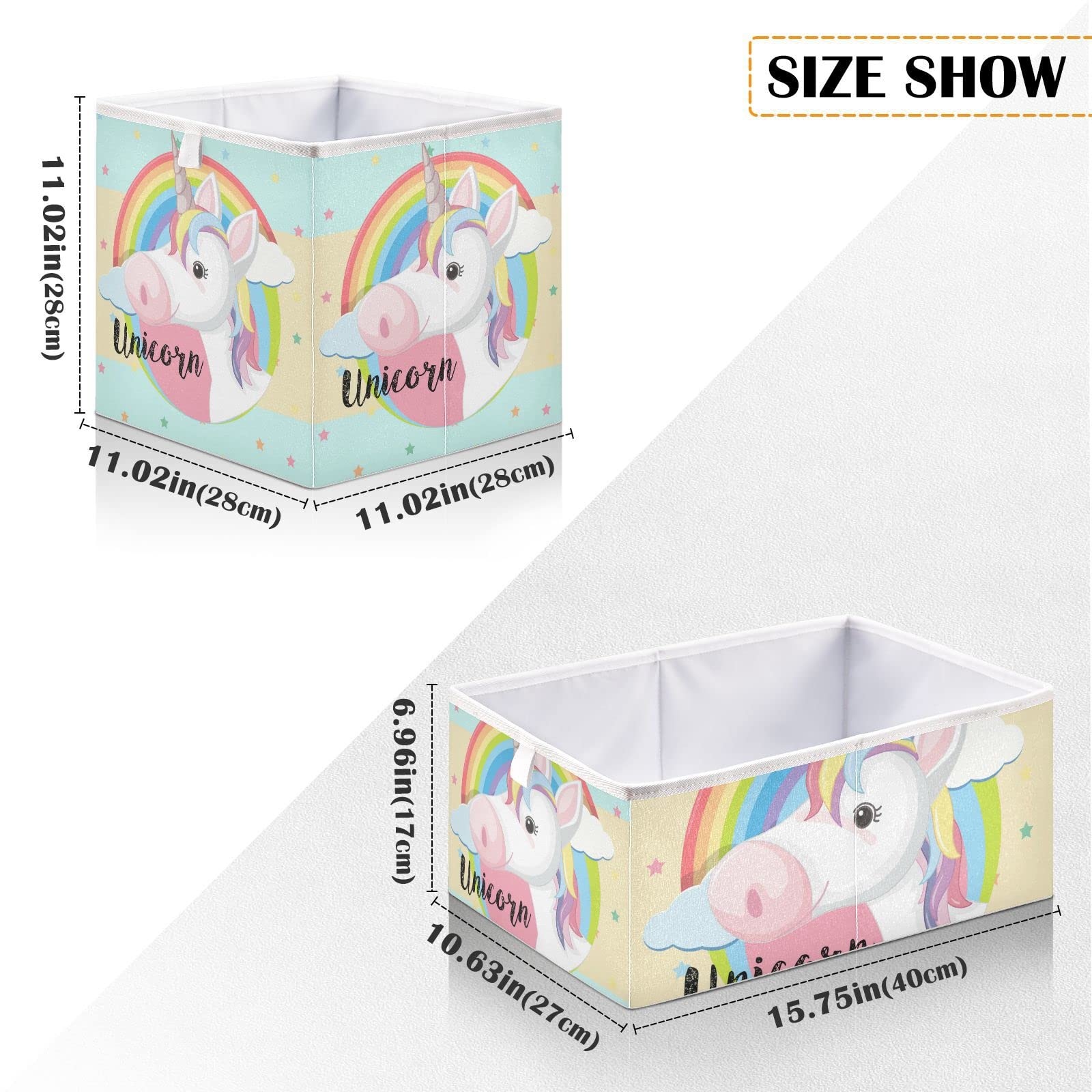 ALAZA Unicorn Head and Rainbow Fabric Cube Storage Bin,Collapsible Fabric Bins Organizer Foldable Basket for Closet Cabinet Shelf Office,11.02x11.02x11.02in