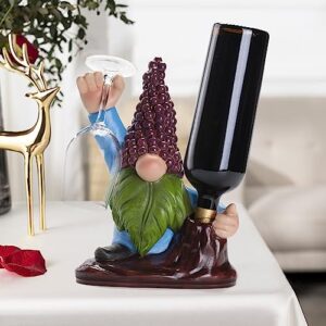 grape gnome wine bottle holder, blue resin elf dwarf wine holder set 1 can hold a goblets unique wine bottle rack tabletop bar kitchen party christmas decoration gift for father/mother/wine lover