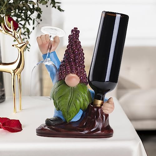 Grape Gnome Wine Bottle Holder, Blue Resin Elf Dwarf Wine Holder Set 1 Can Hold A Goblets Unique Wine Bottle Rack Tabletop Bar Kitchen Party Christmas Decoration Gift for Father/Mother/Wine Lover