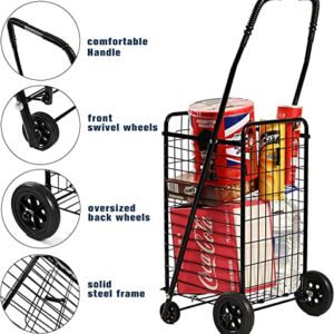 Deluxe Folding Shopping Cart with Four Wheels- 90 lb Capacity，Folding Shopping Cart, Utility Cart for Grocery Laundry Book Luggage Travel