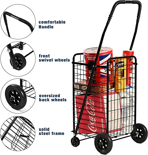 Deluxe Folding Shopping Cart with Four Wheels- 90 lb Capacity，Folding Shopping Cart, Utility Cart for Grocery Laundry Book Luggage Travel