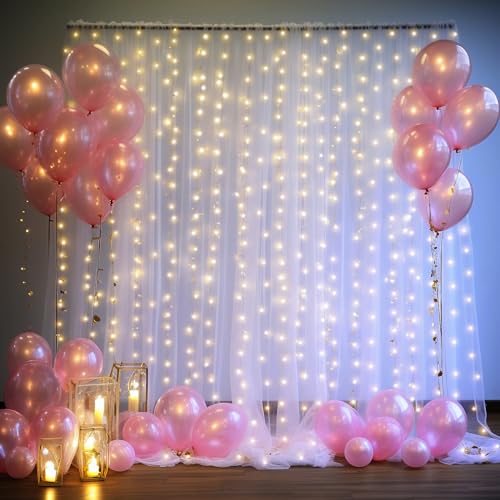 10ft x 10ft White Sheer Tulle Backdrop Curtains with Lights String for Party Wedding Wrinkle Free Curtain Backdrops Drapes for Baby Shower Birthday Party Photo Back Drop Background Home Decorations