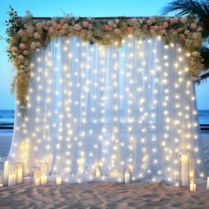 10ft x 10ft White Sheer Tulle Backdrop Curtains with Lights String for Party Wedding Wrinkle Free Curtain Backdrops Drapes for Baby Shower Birthday Party Photo Back Drop Background Home Decorations